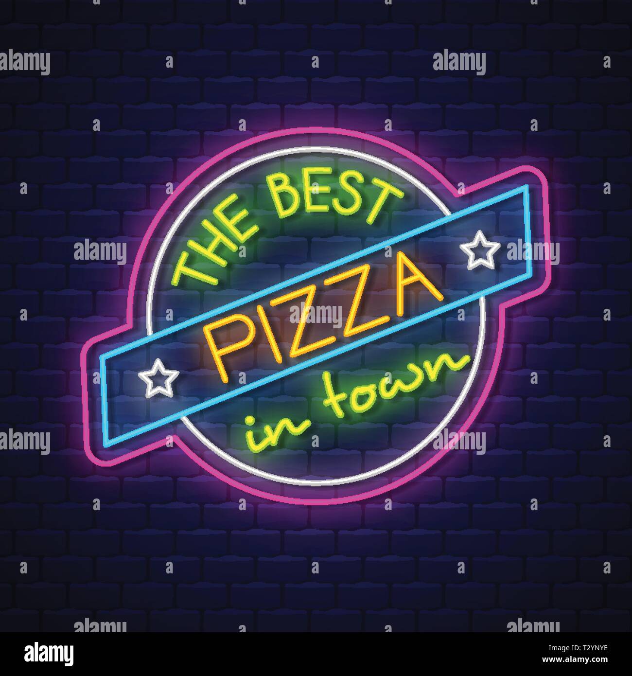 Pizza - Neon Sign Vector. Pizza neon sign on brick wall background ...