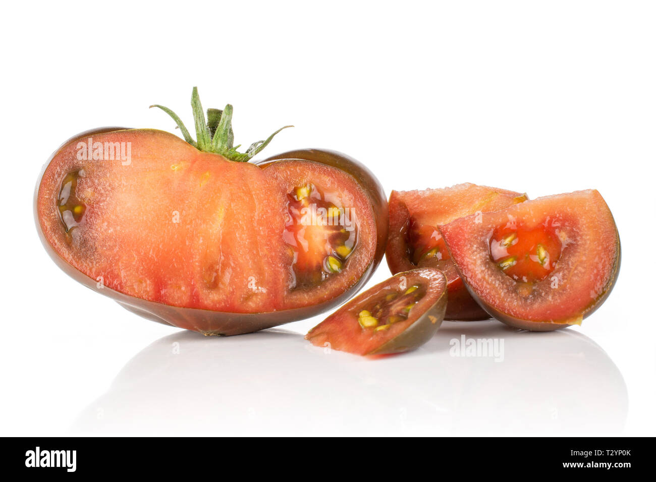Group of one half three slices of fresh tomato primora isolated on ...