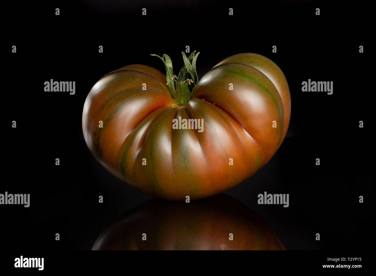 One whole meaty fresh tomato primora isolated on black glass Stock ...