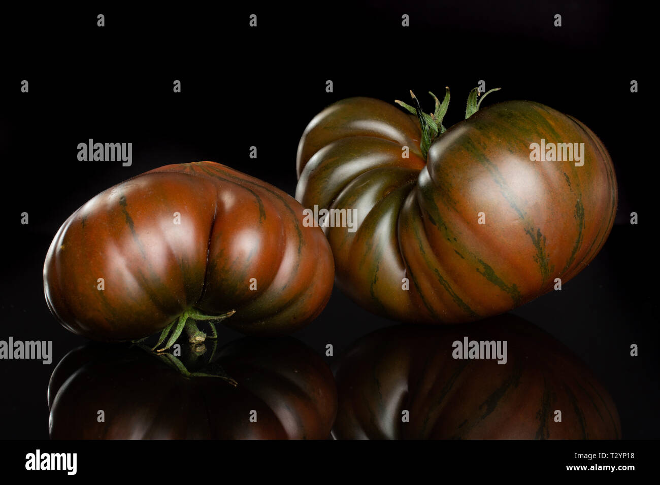 Group of two whole meaty fresh tomato primora isolated on black glass ...