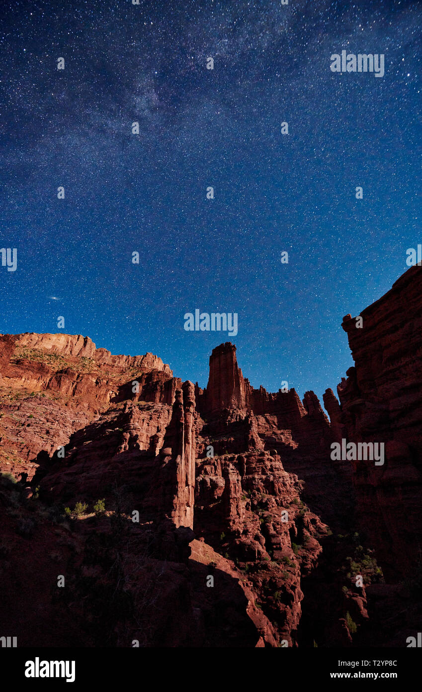 night sky and milky way above Fisher Towers, Moab, Utah, USA, North ...