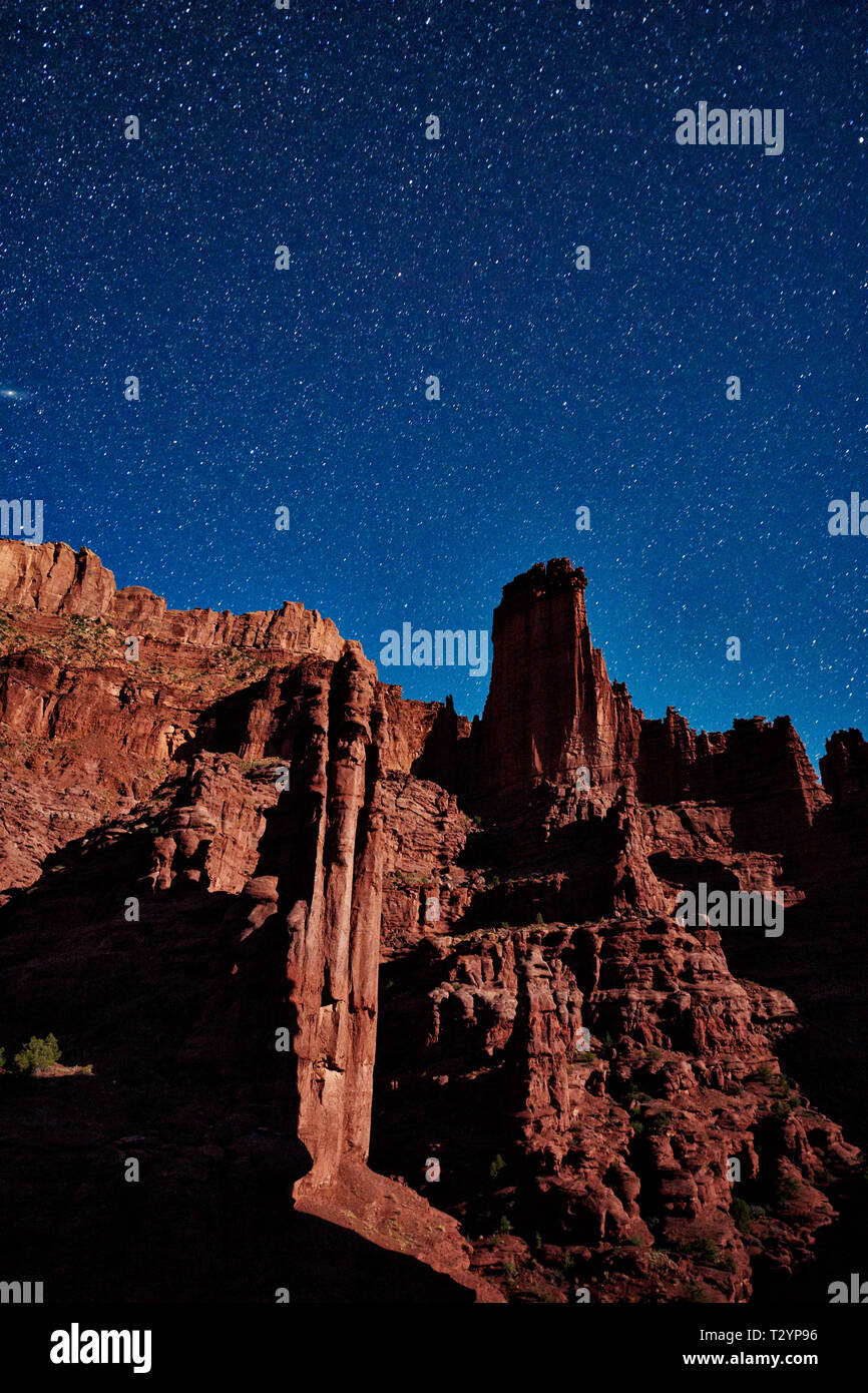 night sky and milky way above Fisher Towers, Moab, Utah, USA, North ...