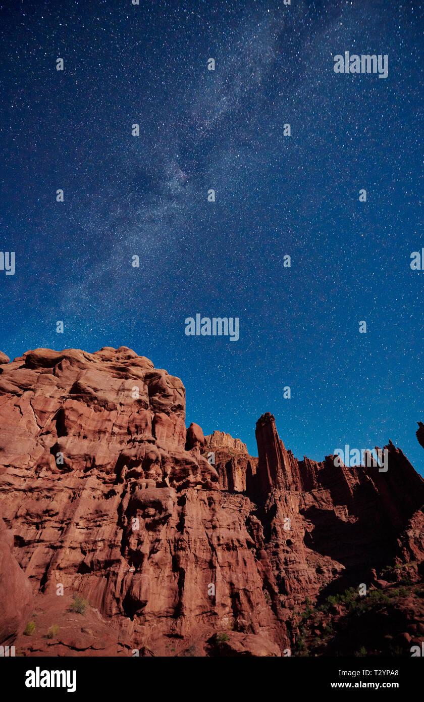 night sky and milky way above Fisher Towers, Moab, Utah, USA, North ...