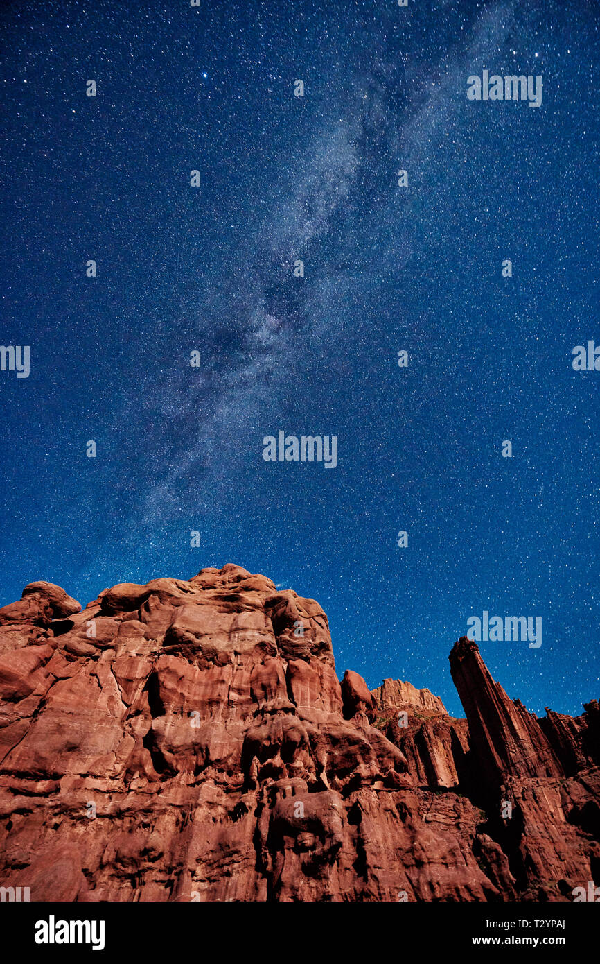 night sky and milky way above Fisher Towers, Moab, Utah, USA, North ...