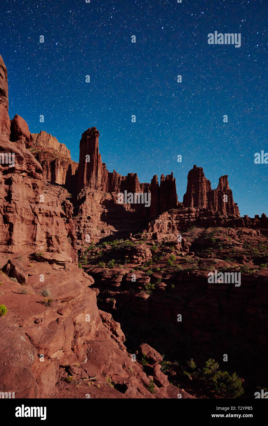 night sky and milky way above Fisher Towers, Moab, Utah, USA, North ...