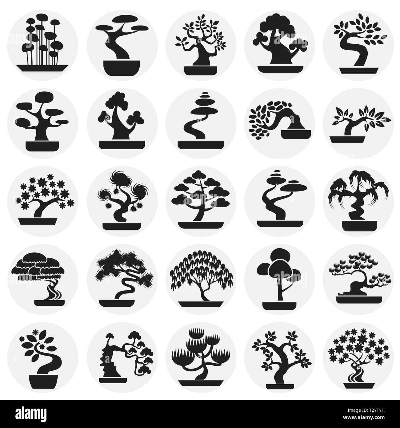 Bonsai icons set on circles background for graphic and web design ...