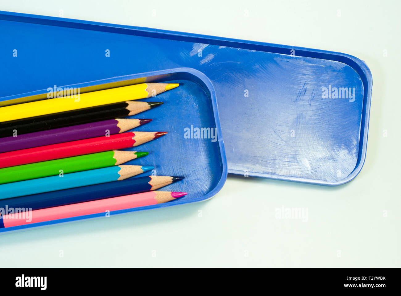 Colorful crayon, color pencil in blue box Stock Photo - Alamy