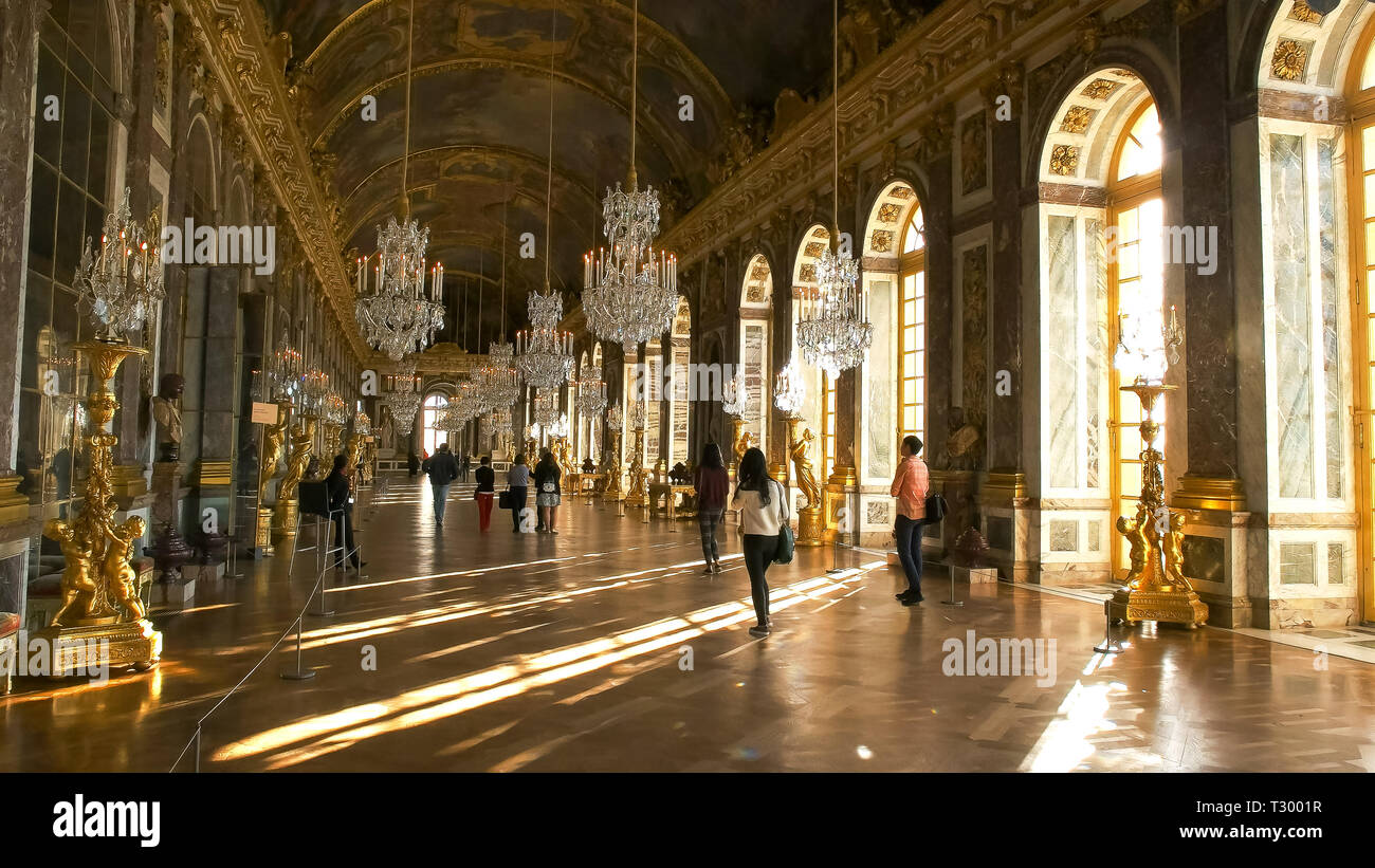 VERSAILLES, PARIS, FRANCE- SEPTEMBER 23, 2015: sunlight streams into ...