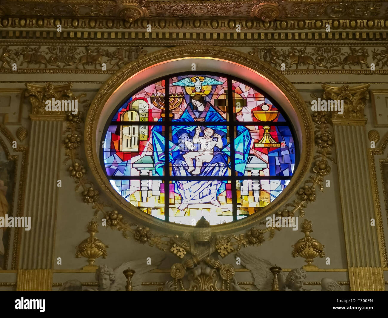 ROME, ITALY- SEPTEMBER 30, 2015: a stained glass window inside the ...