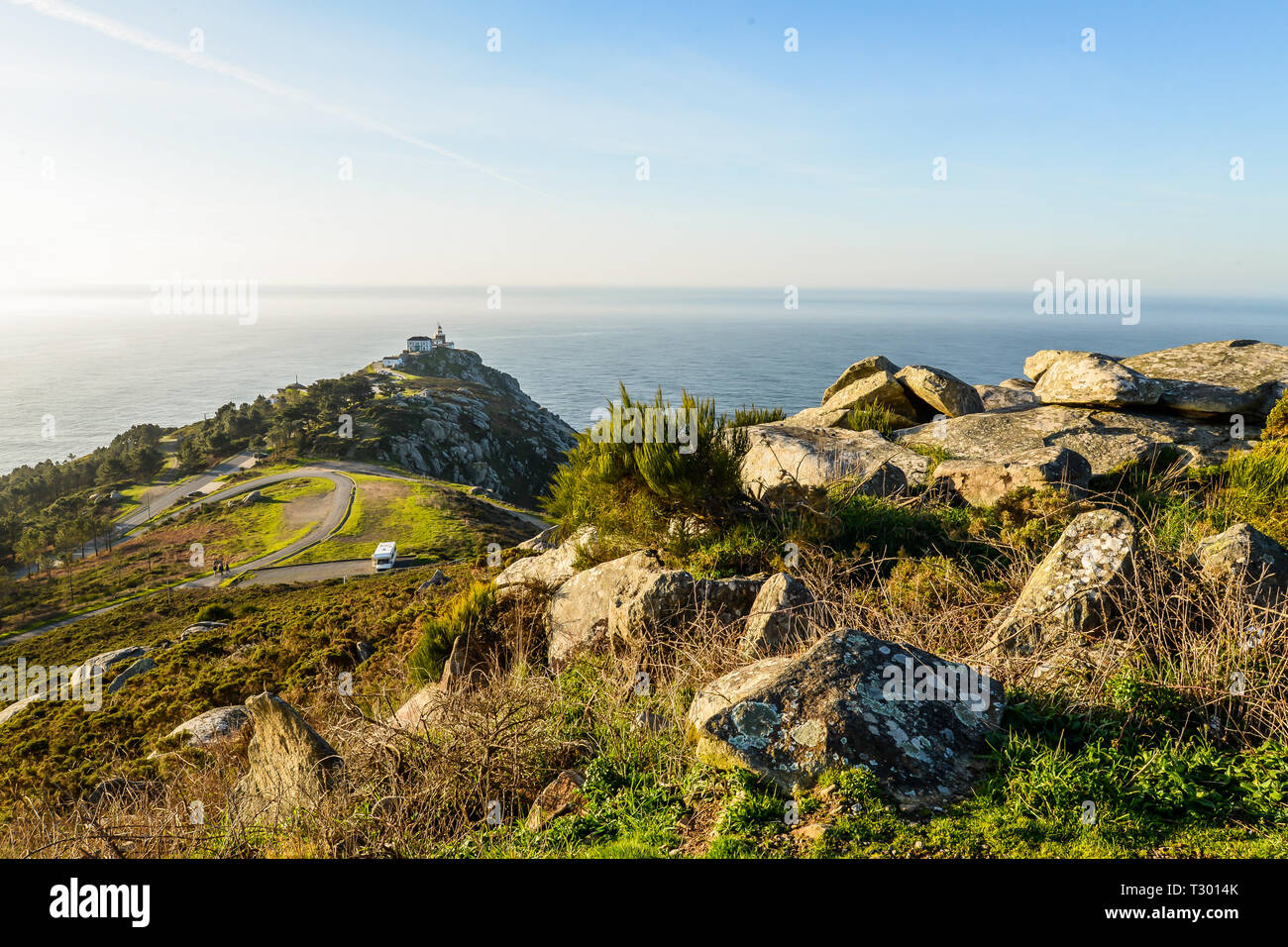 The road leading down from Monte Facho to the lighthouse in Finisterre ...