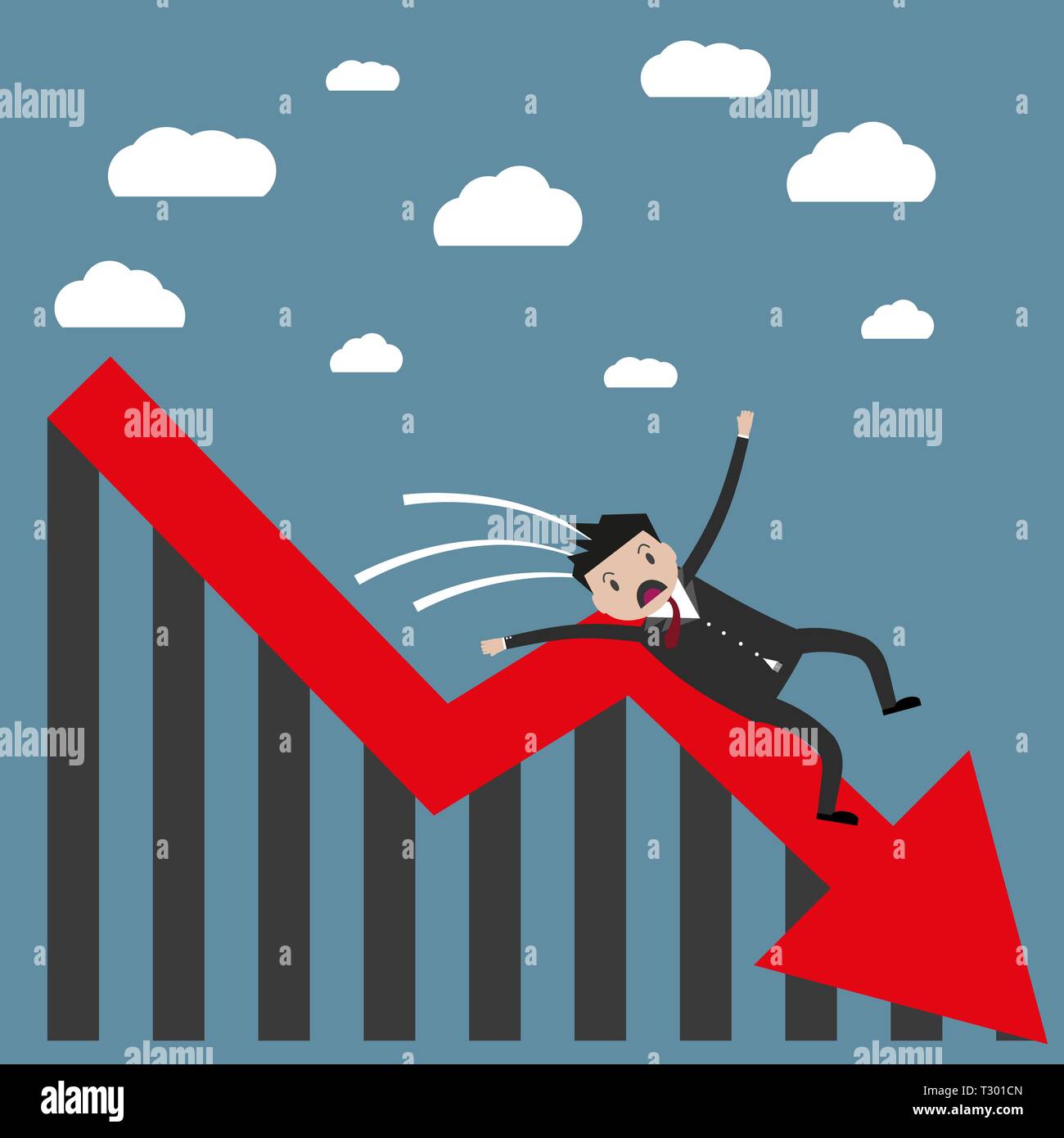 cartoon businessman falling from the red chart arrow. Loser, broke ...