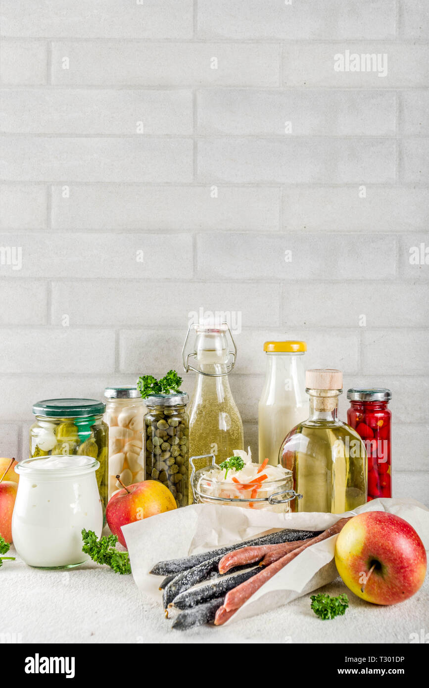 Assortment of various fermented food - apple cider vinegar, fermented ...