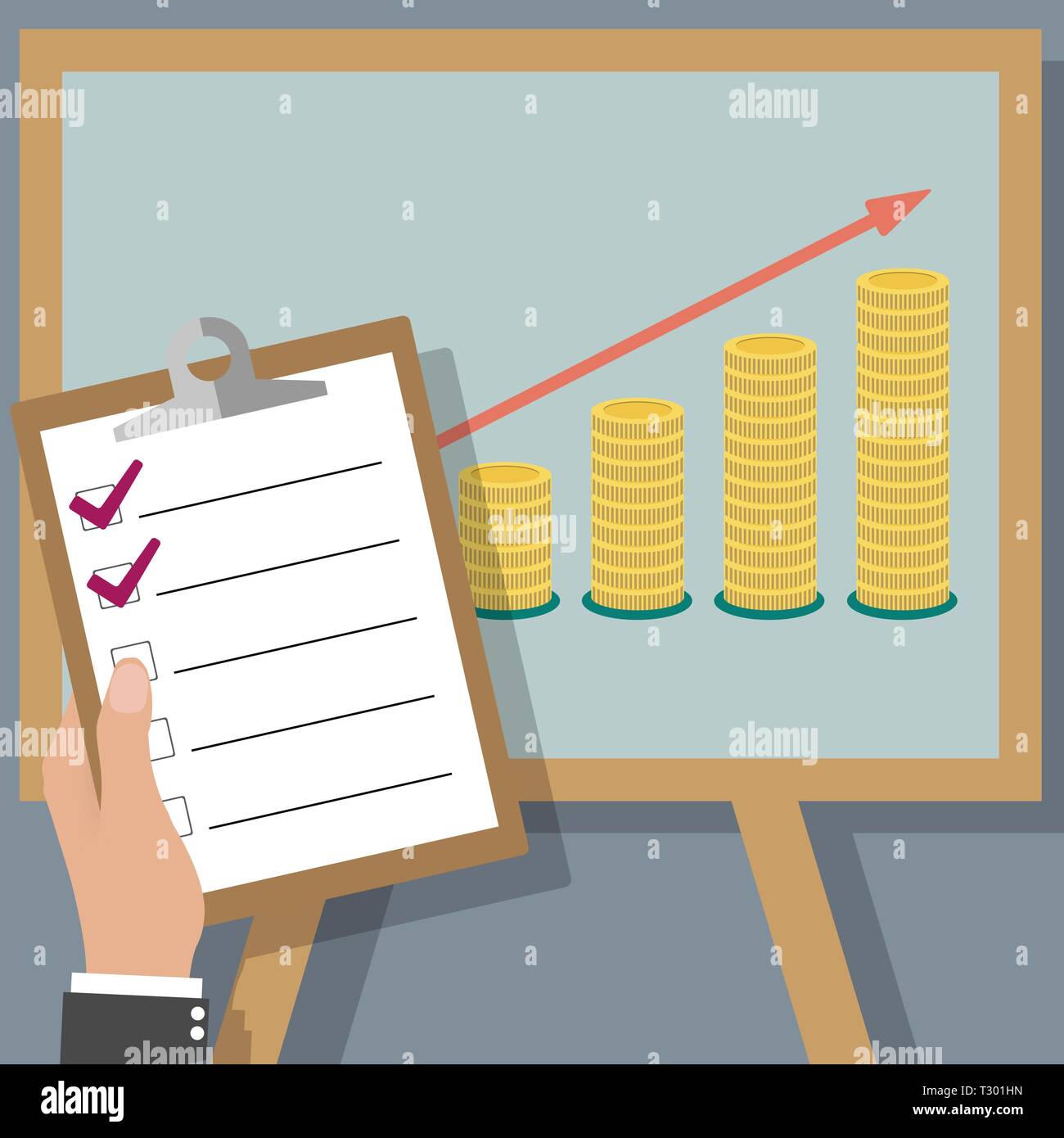 Business man holding report check list board on projector screen with ...