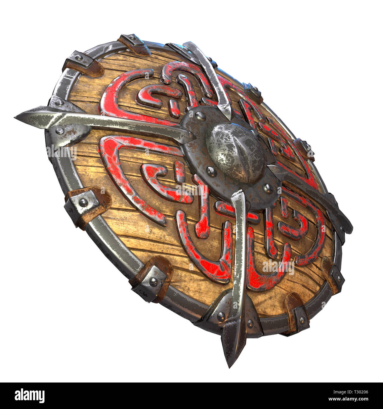 Fantasy round viking wooden shield on an isolated background. 3d ...