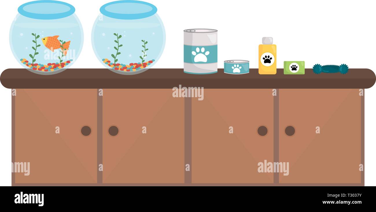 pet shop wooden drawer with aquariums and products vector illustration ...