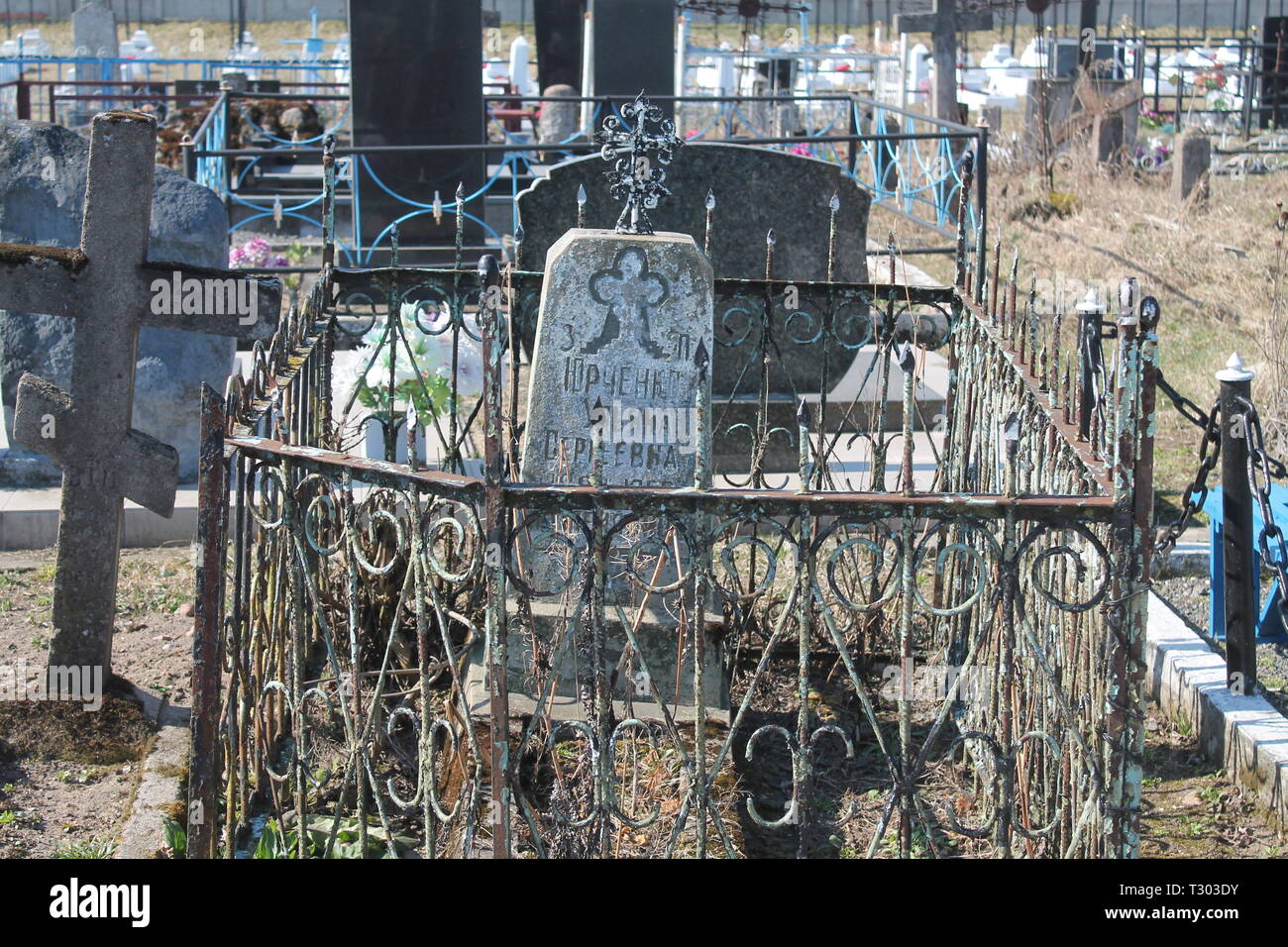 ancient public city cemetery with traditional europen headstones on ...