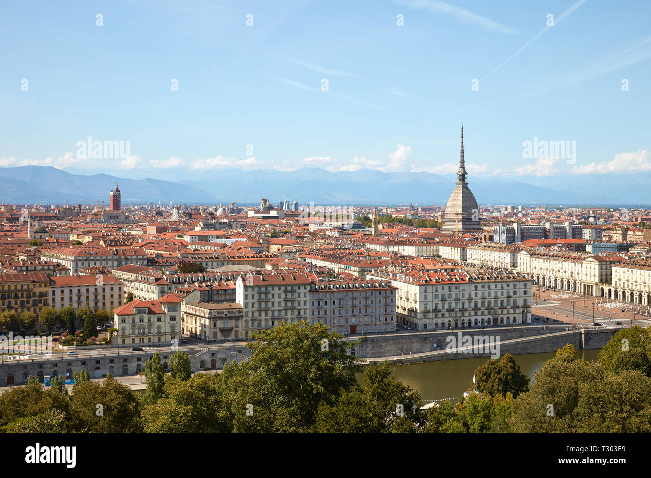 Turin skyline view, Mole Antonelliana tower and Po river in a sunny ...