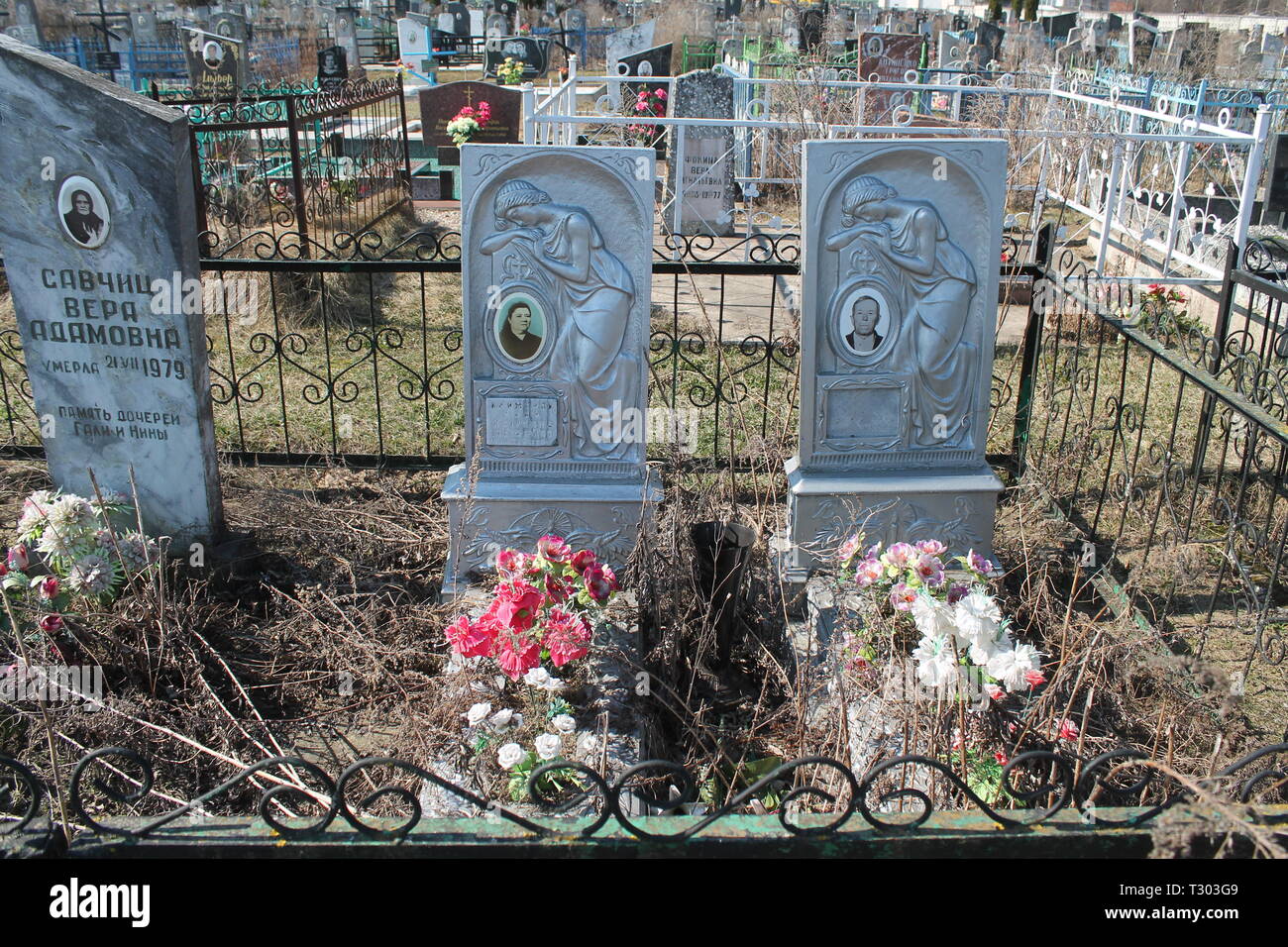 ancient public city cemetery with traditional europen headstones on ...