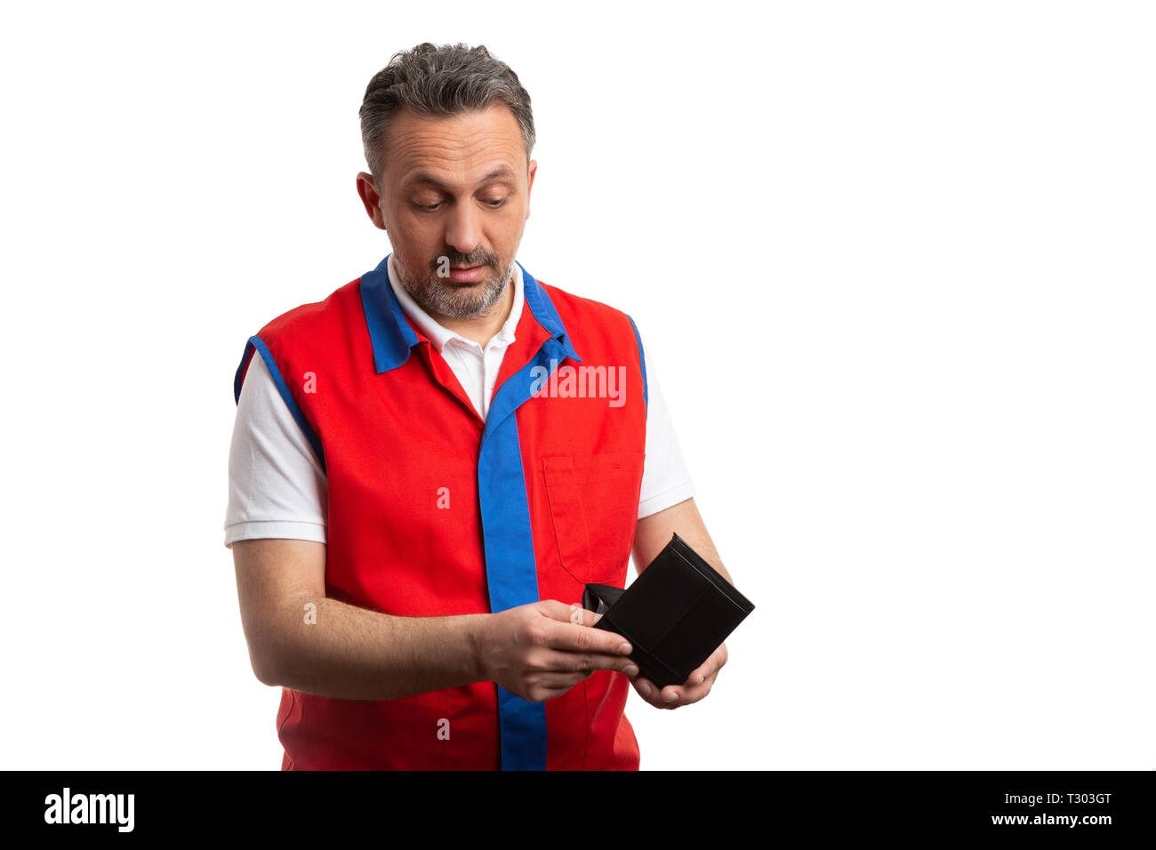 Supermarket or hypermarket male employee looking inside wallet isolated ...