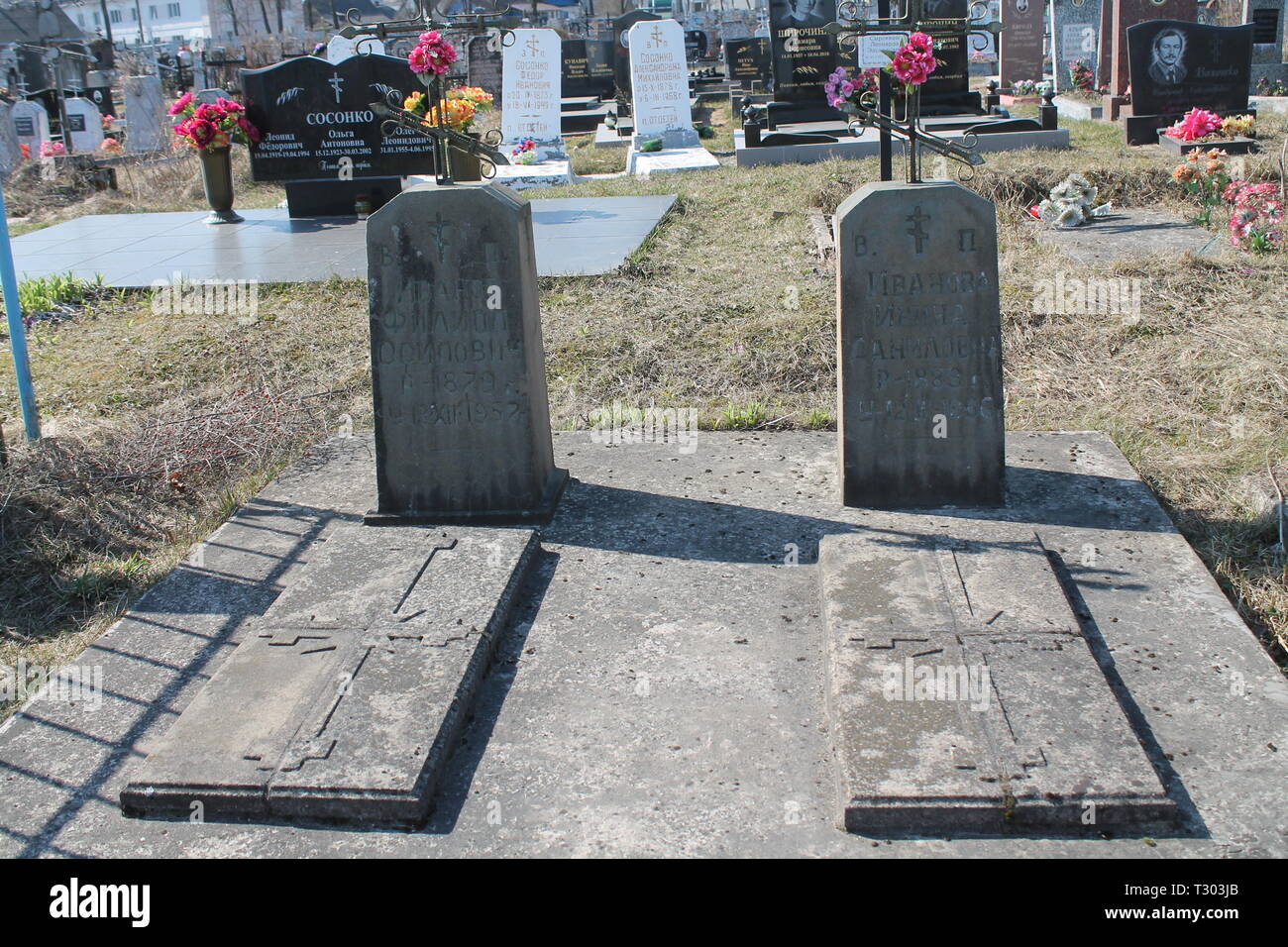 ancient public city cemetery with traditional europen headstones on ...