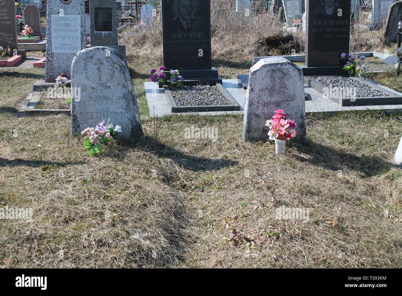 ancient public city cemetery with traditional europen headstones on ...