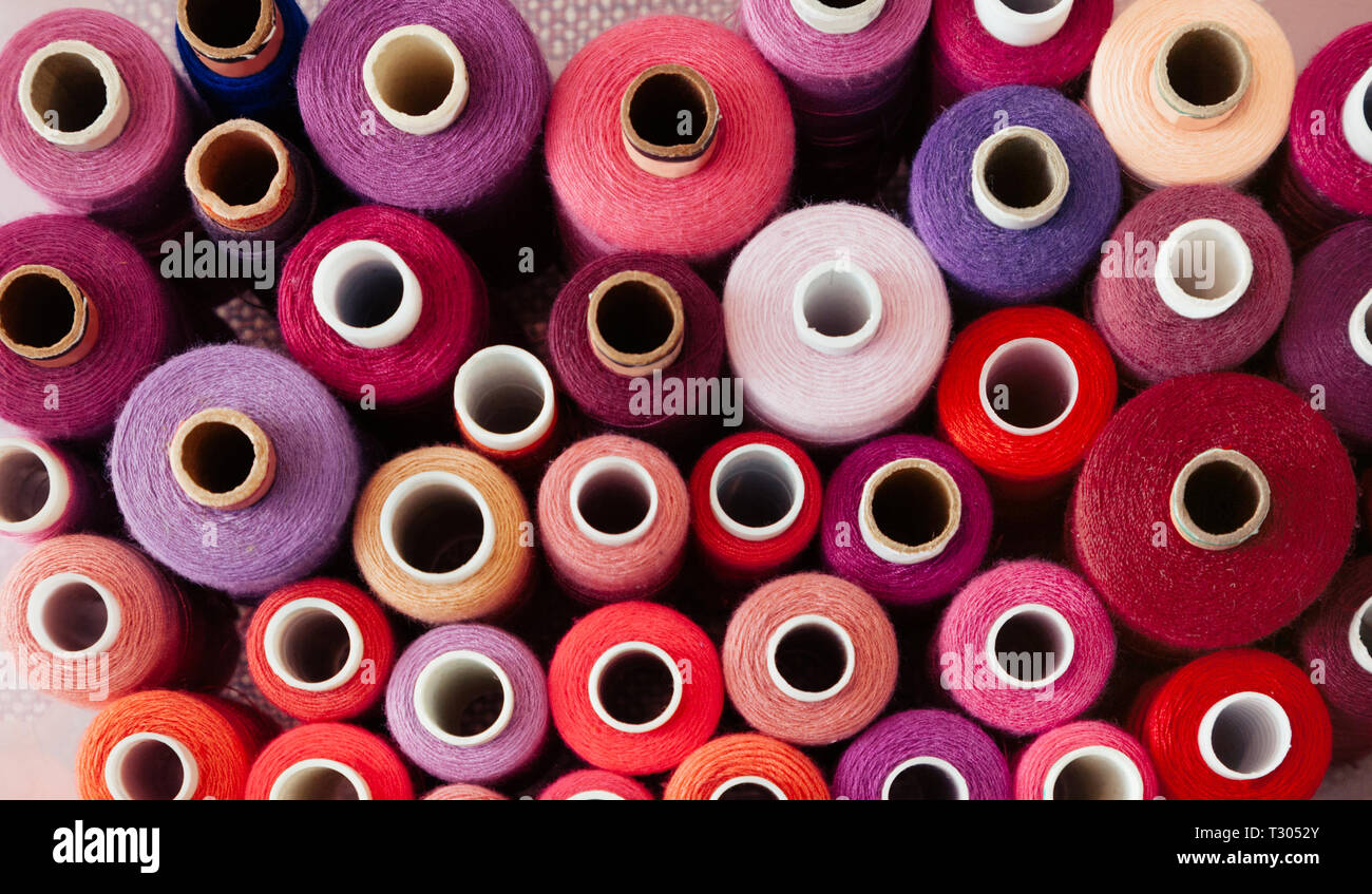 A set of threads of different colors on the pink background. Many ...