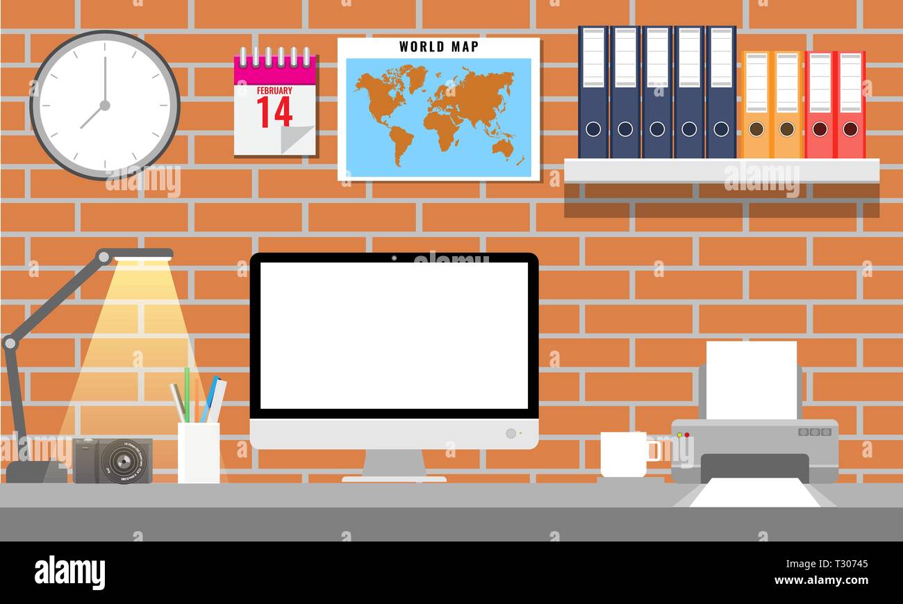 Office interior with office equipments. Office monitor, printer, folder ...
