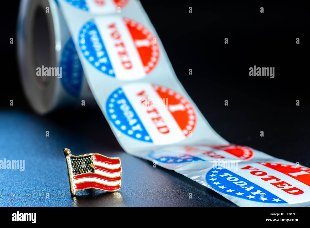 American flag on I voted today stickers, patriotic motive during the ...