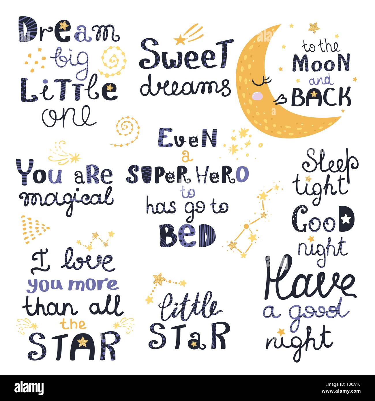 Vector set of night lettering with cute cartoon phrases. Beautiful ...