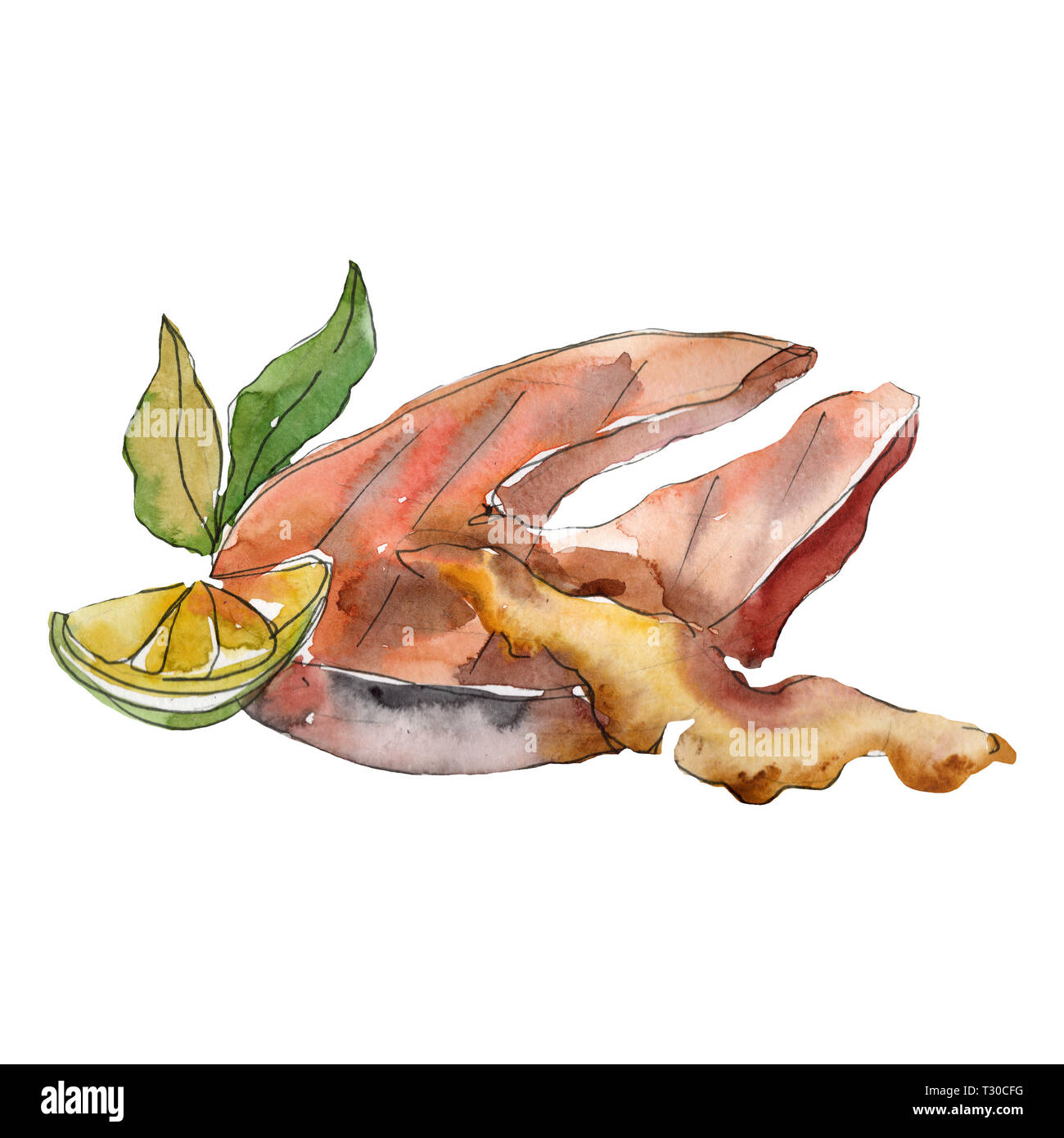 Grilled steak tasty food in a watercolor style set. Hand drawn barbeque ...