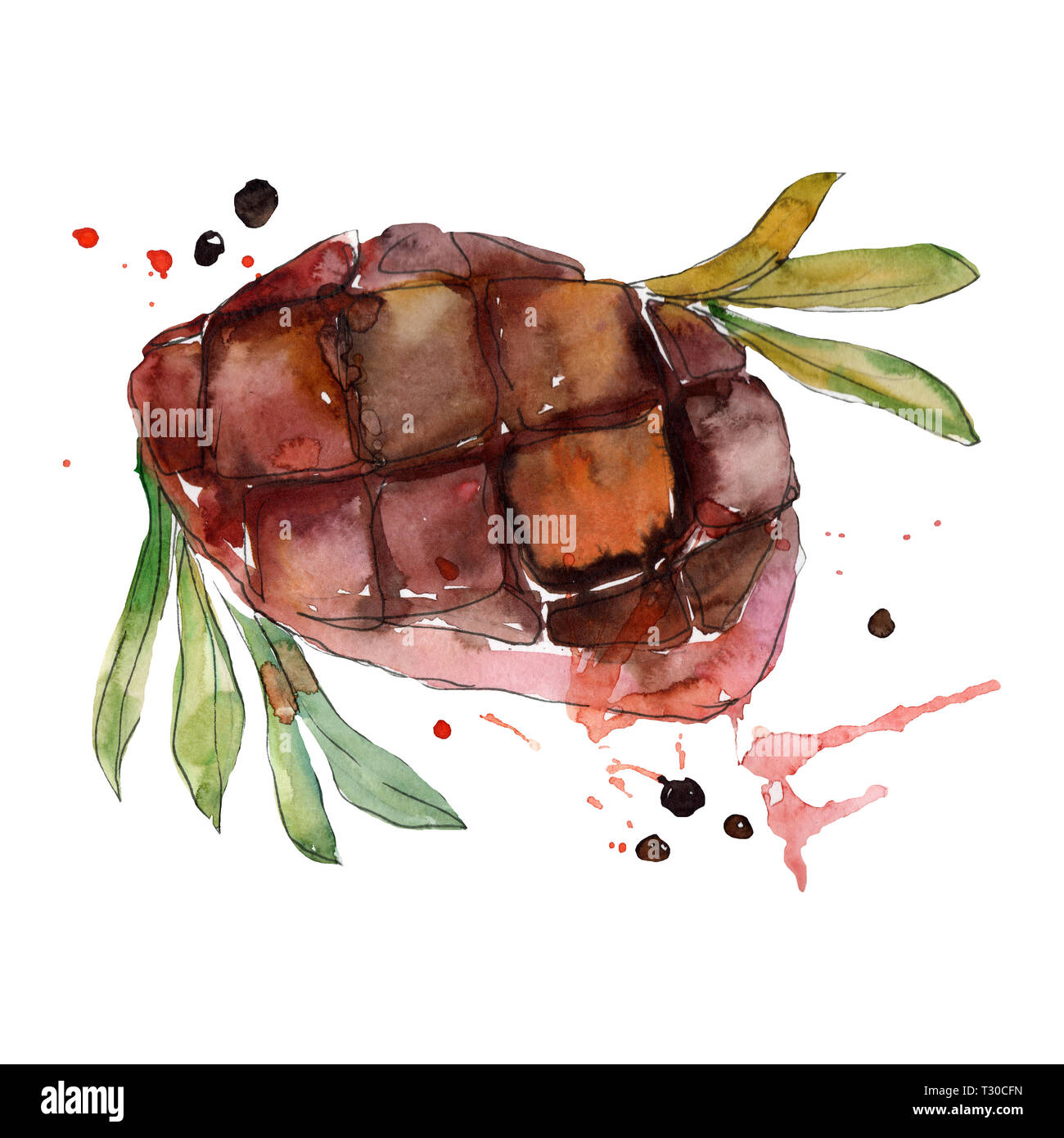 Grilled steak tasty food in a watercolor style set. Hand drawn barbeque ...