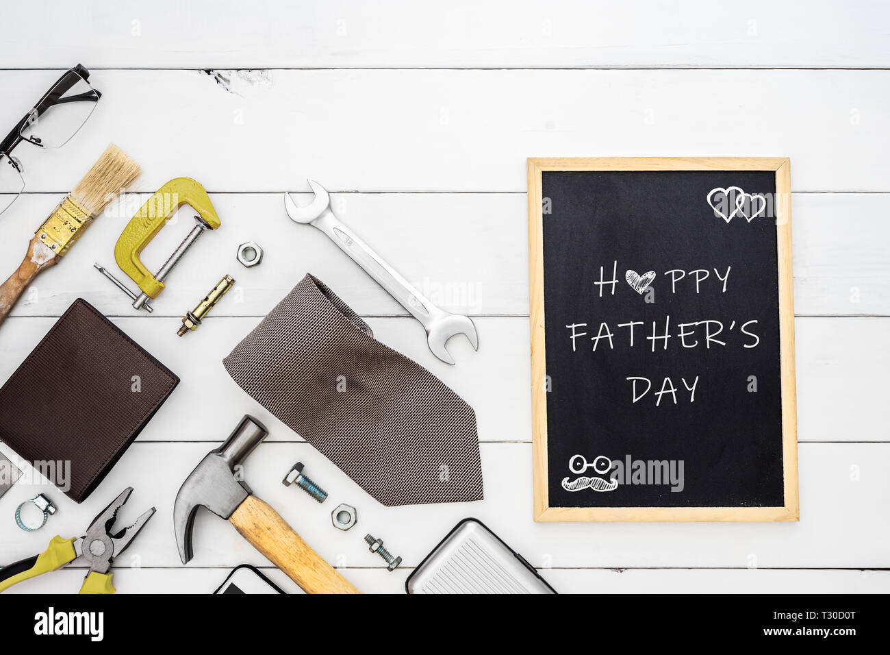 Happy Father's day concept. Flat lay image of construction tools ...
