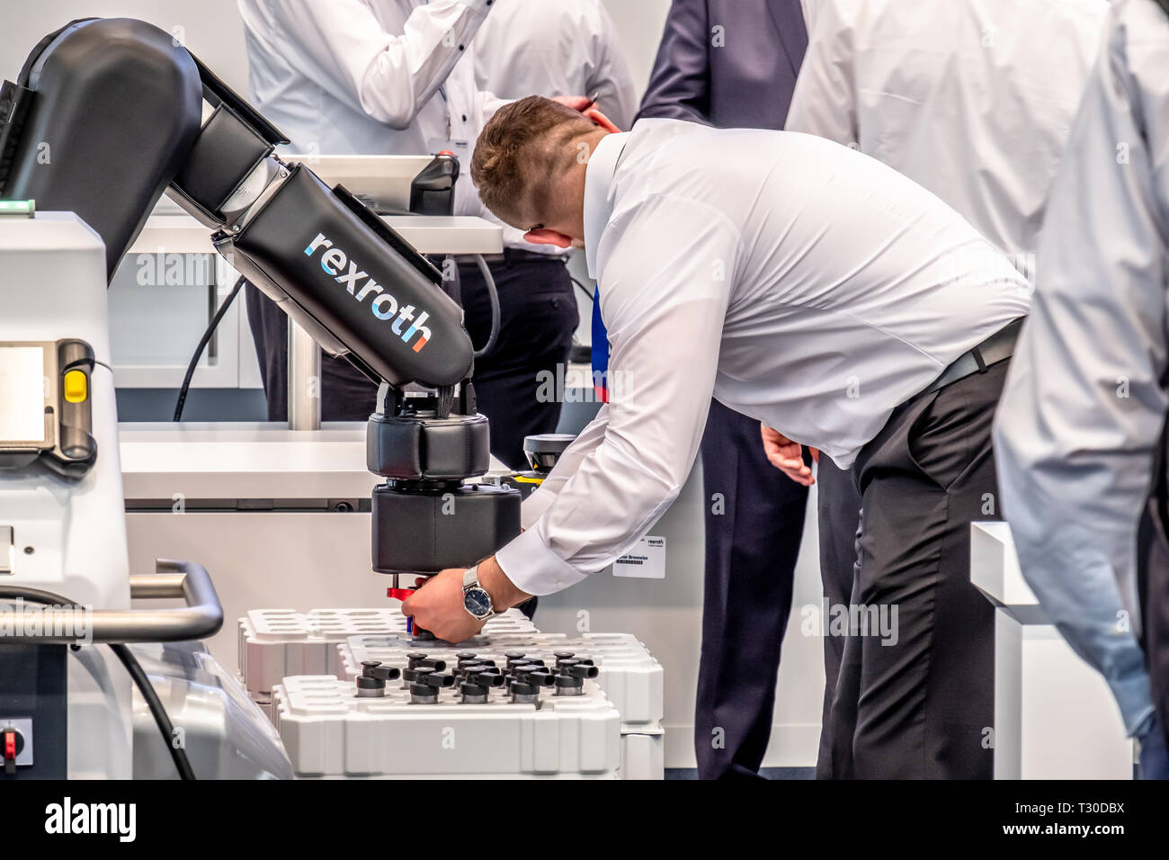 HANNOVER / GERMANY - APRIL 02 2019 : Bosch Rexroth is displaying their ...