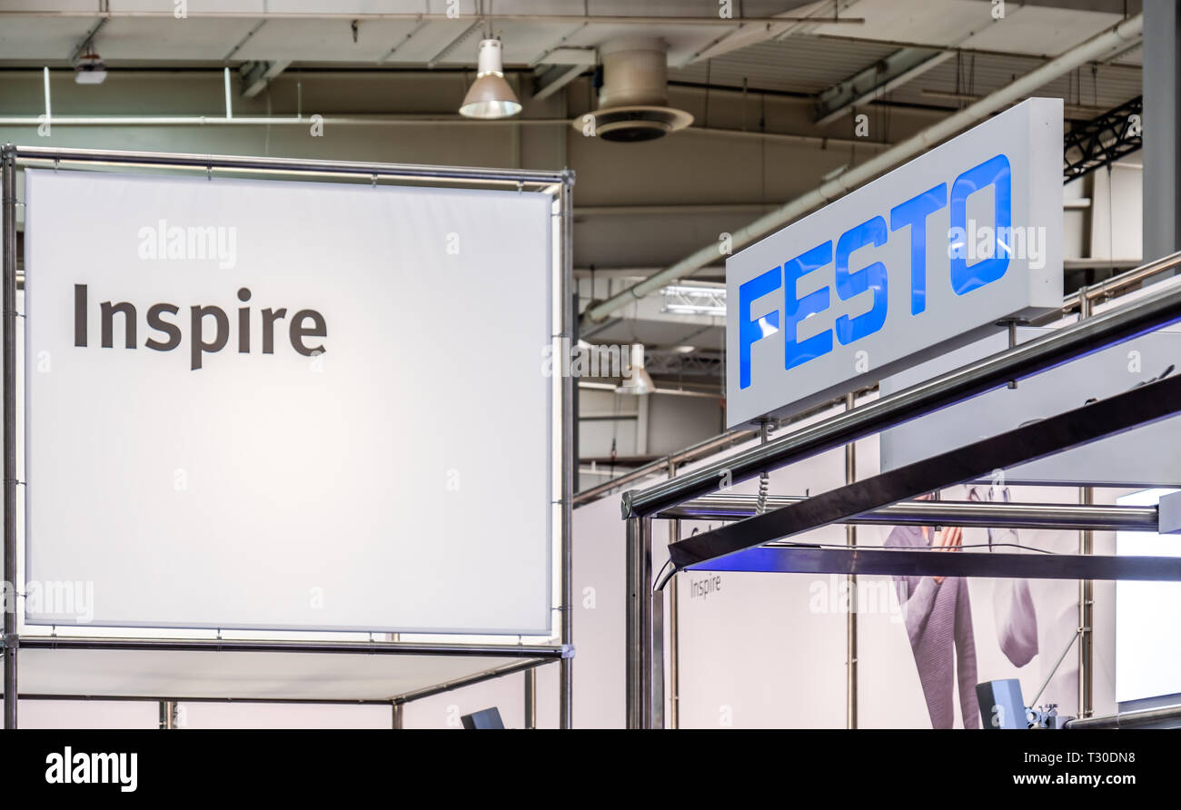 HANNOVER / GERMANY - APRIL 02 2019 : Festo is displaying new ...
