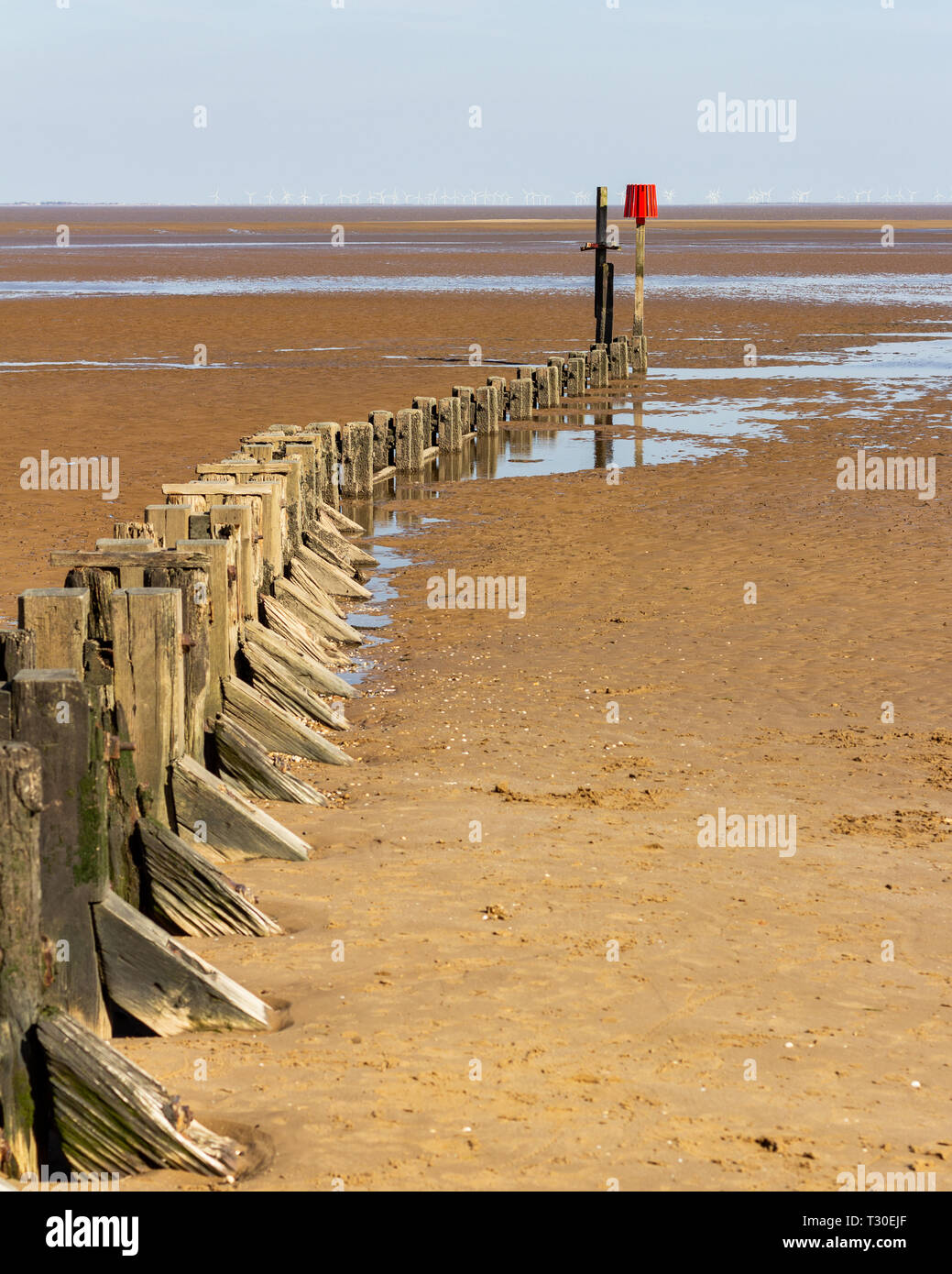 Wooden groyne curves into the distance terminating in a warning beacon ...