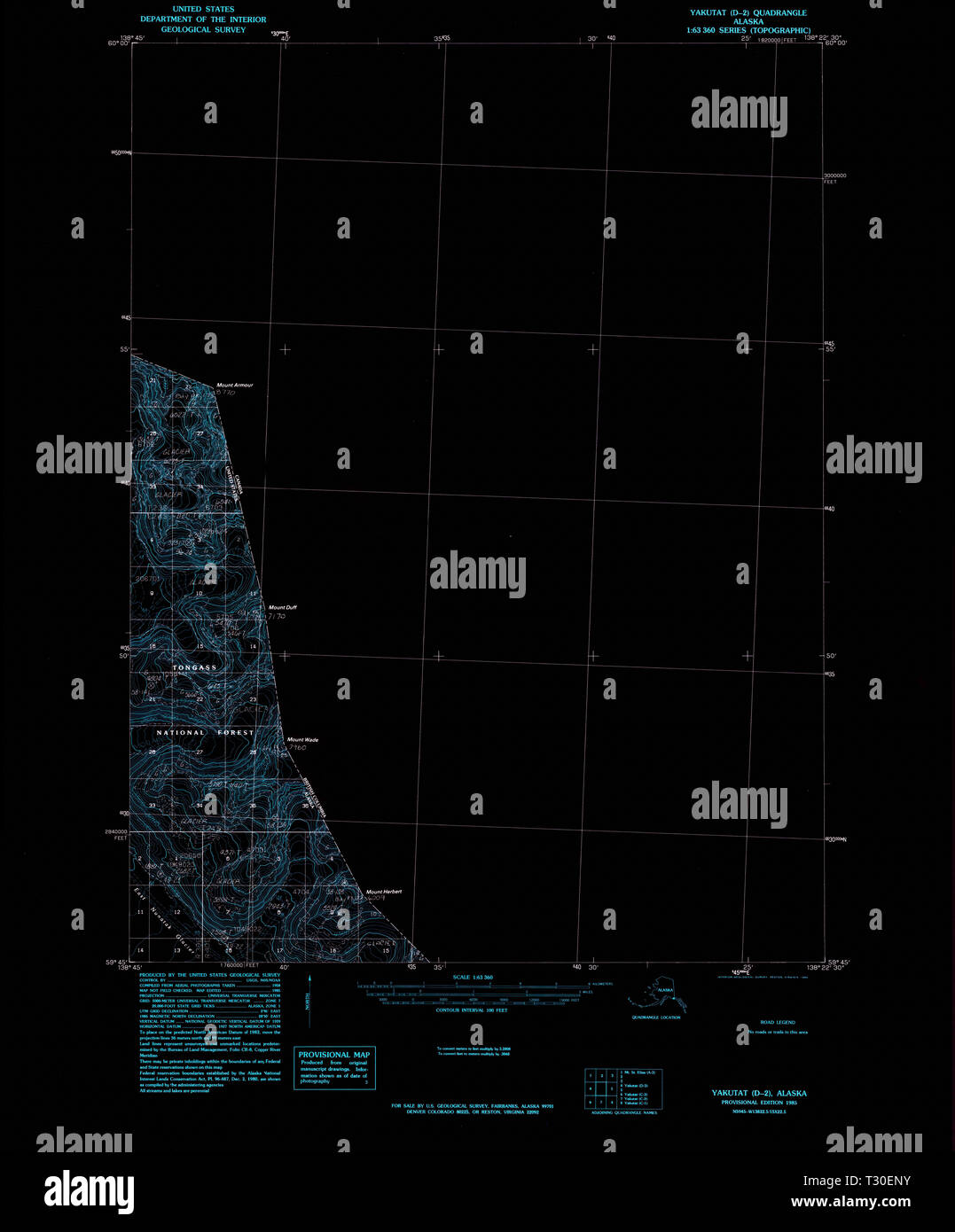 USGS TOPO Map Alaska AK Yakutat D-2 360506 1985 63360 Inverted ...