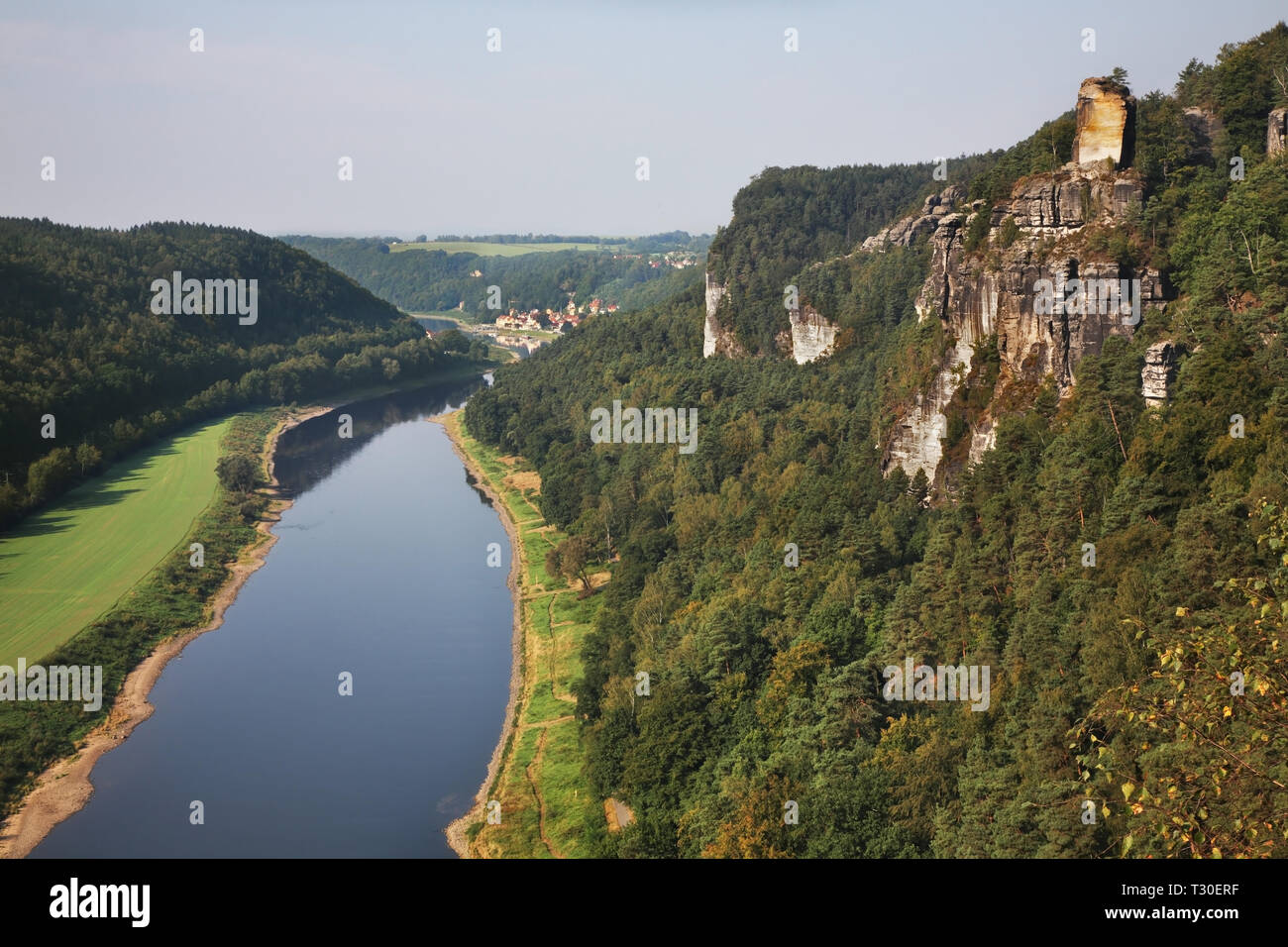 Elbe river and Bastei at Elbe sandstone mountains near Rathen village ...