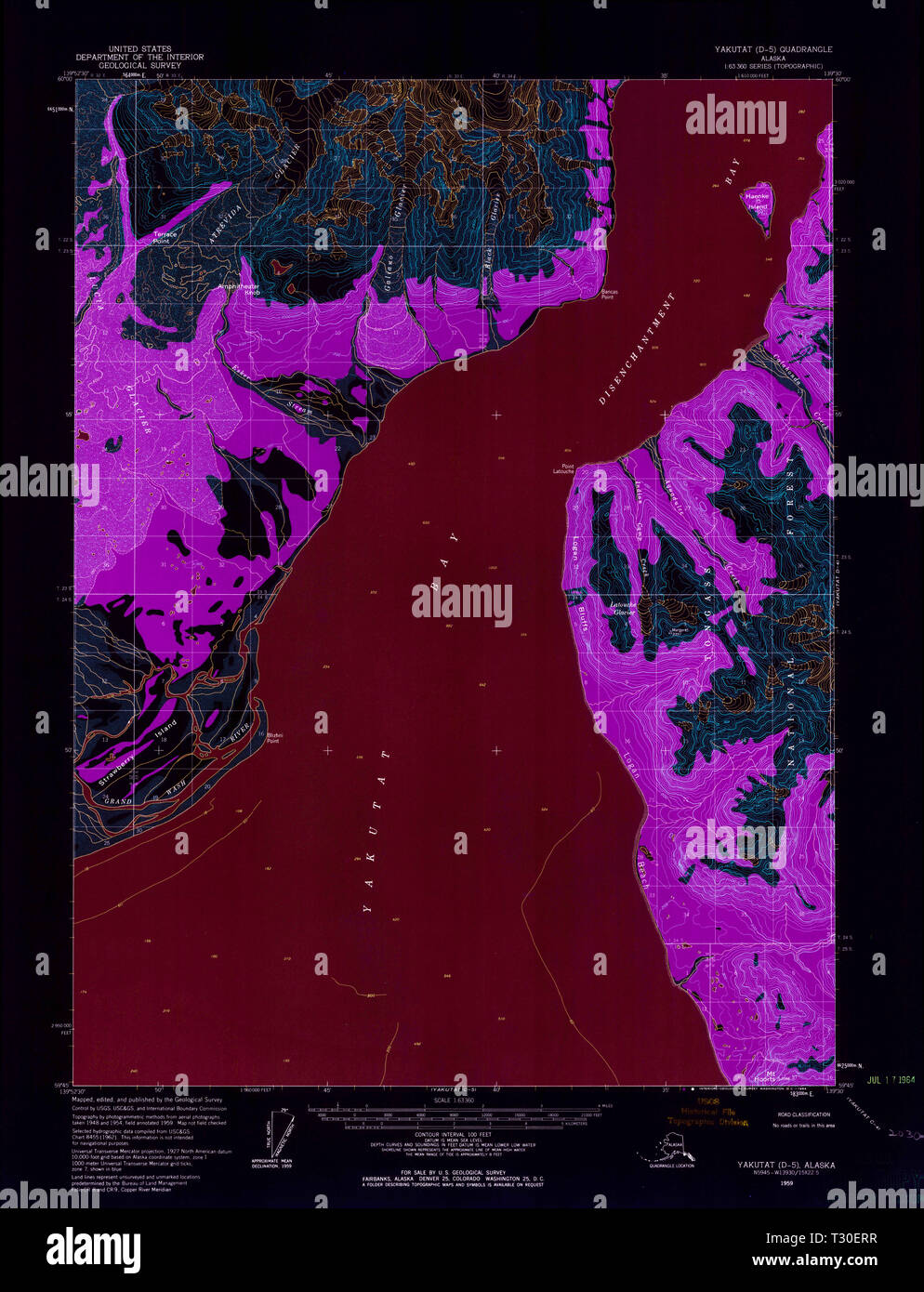 USGS TOPO Map Alaska AK Yakutat D-5 353879 1959 63360 Inverted ...