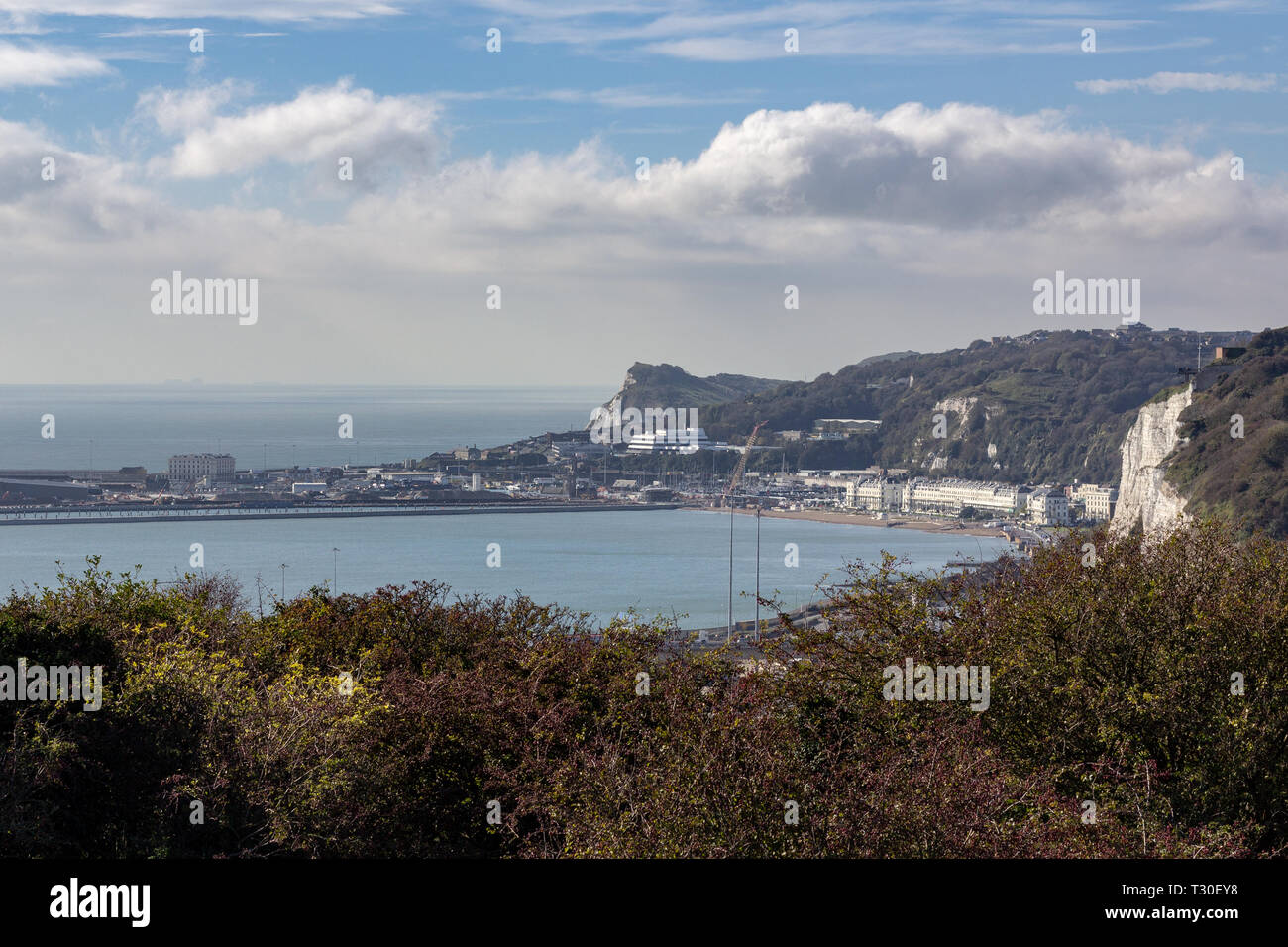 The Dover harbor and port as viewed from the cliffs above in Kent ...