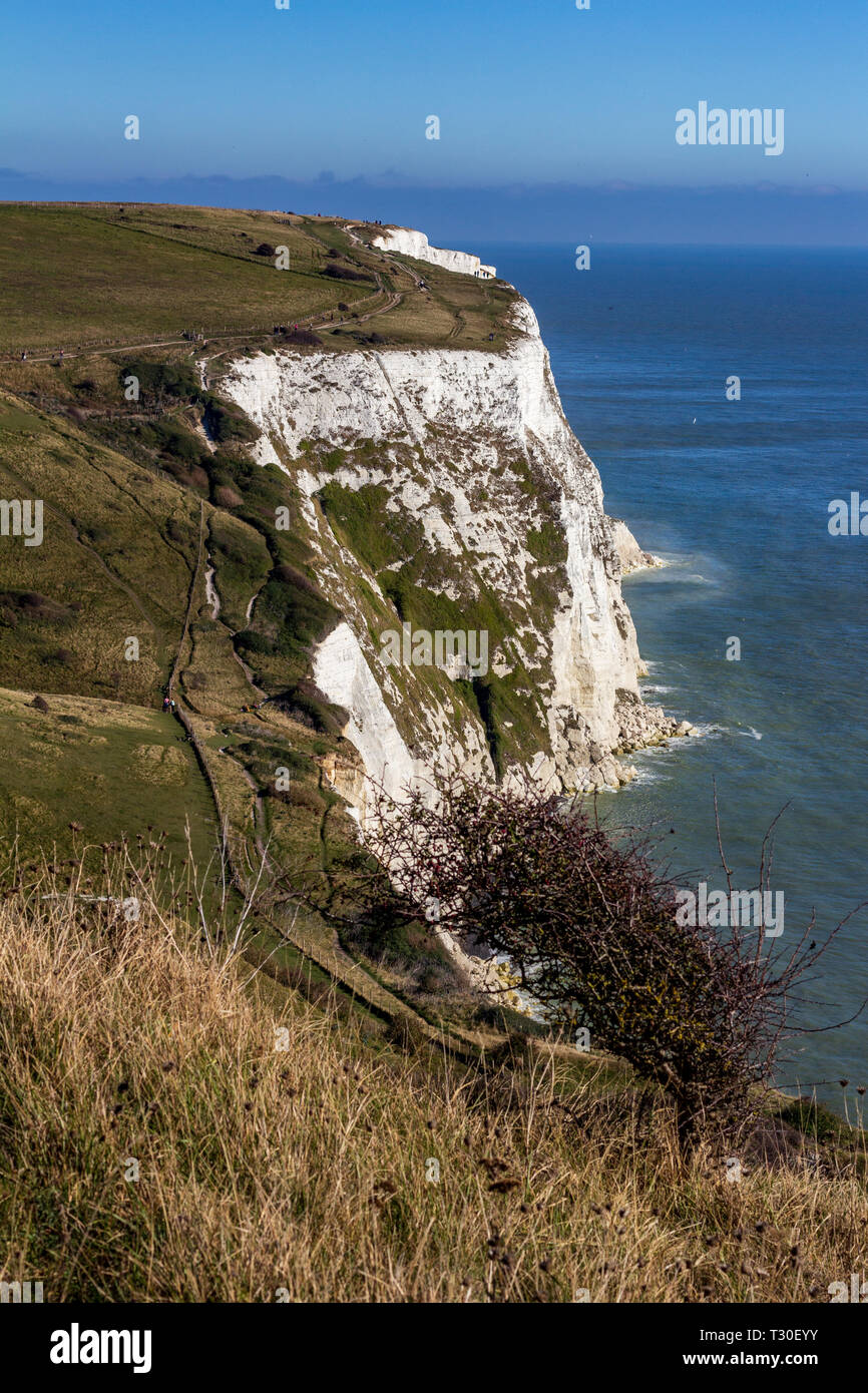 View of the white cliffs of Dover as seen from above in Kent, England ...