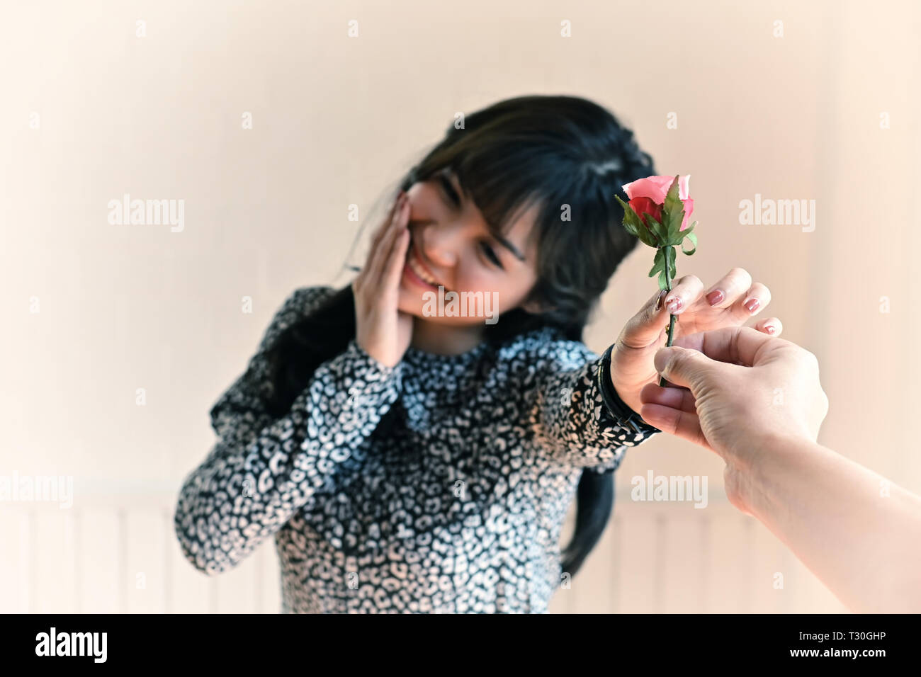 Woman giving a rose flower with selective focus Stock Photo - Alamy
