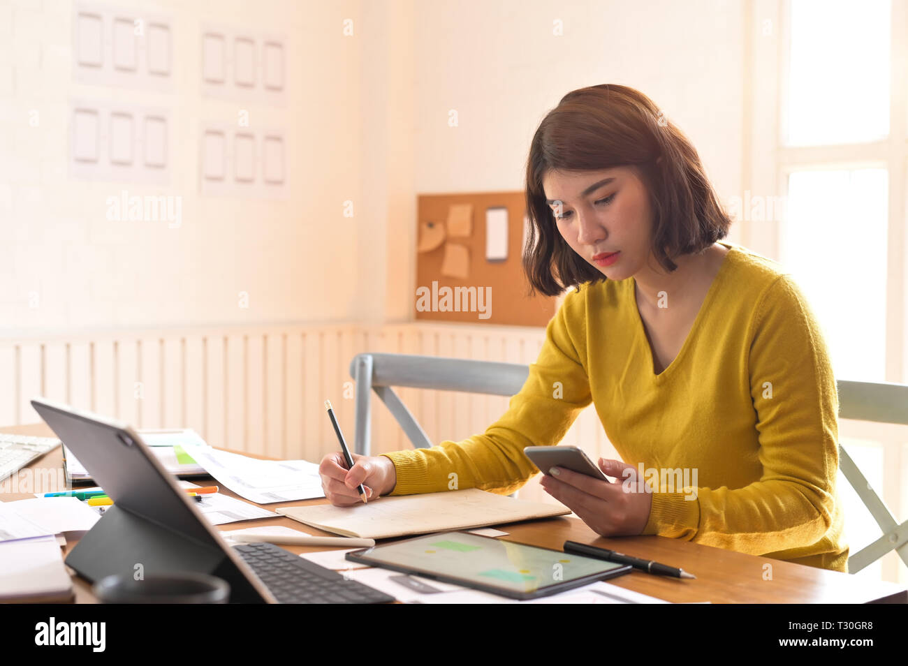 UX UI Design with Software developer working with project on paper ...