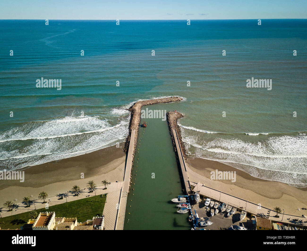 Aerial view of entrance of Port Saplaya Alboraya near Valencia Spain ...