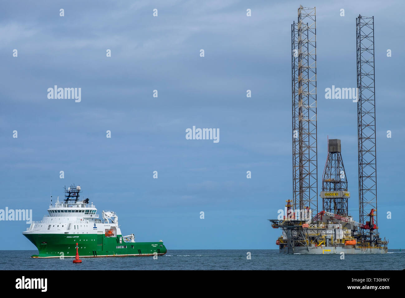 drilling platform being brought into tees estuary by barge, north ...