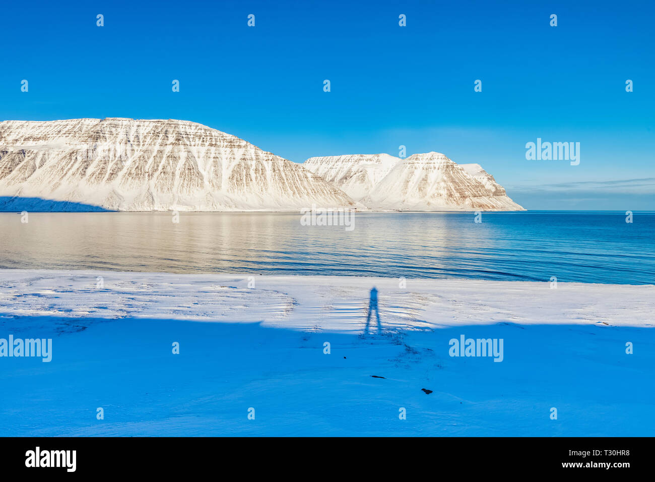 Shadow of photographer along Ísafjarðardjúp fjord near Ísafjörður in ...