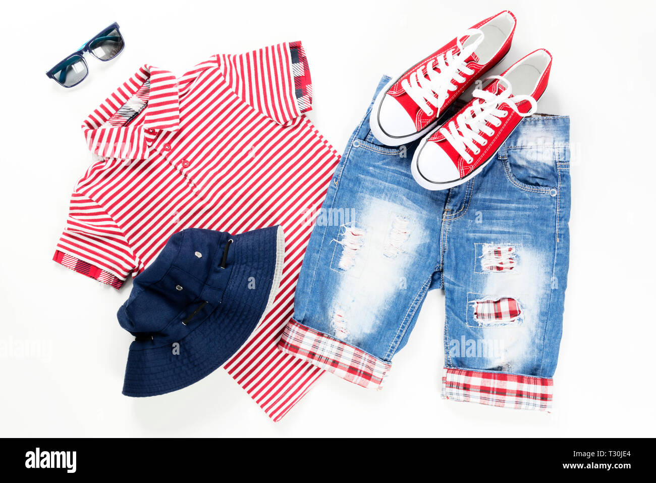 Collage of children clothing in marine style. Summer, spring boy outfit ...