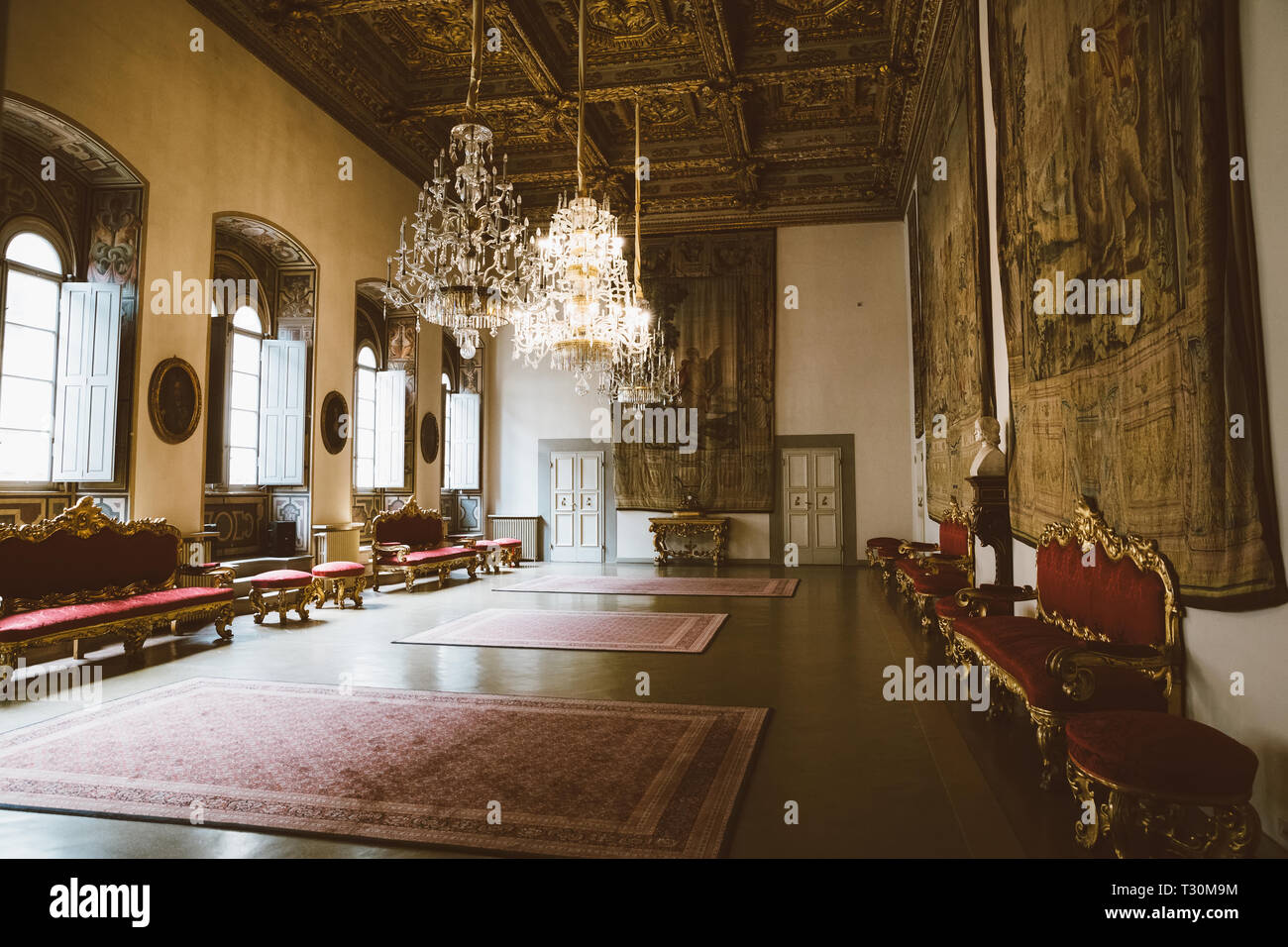 Florence, Italy - June 25, 2018: Panoramic view of interior of Palazzo ...
