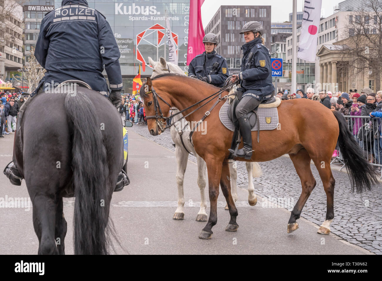 STUTTGART, GERMANY - MARCH 5: two policewomen on horseback opening the ...