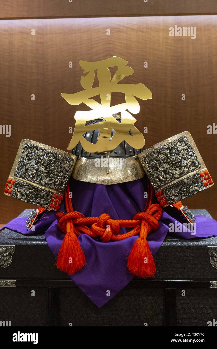 April 5, 2019 - Tokyo, Japan - An ornamental samurai helmet ''Kabuto ...