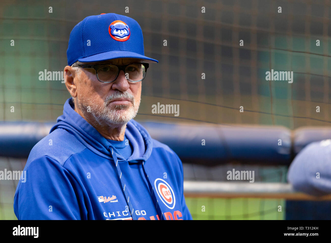 Milwaukee, WI, USA. 5th Apr, 2019. Chicago Cubs manager Joe Maddon #70 ...